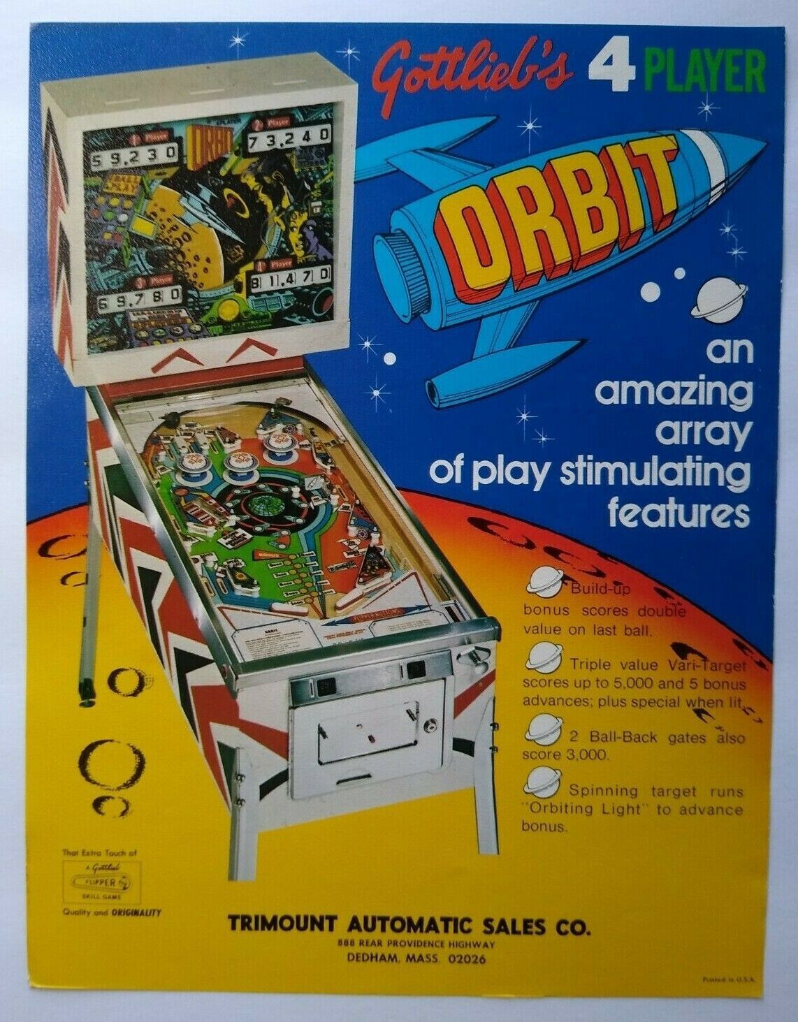 Orbit Pinball FLYER Original 1972 NOS Game Space Age Planets Astronaut ...