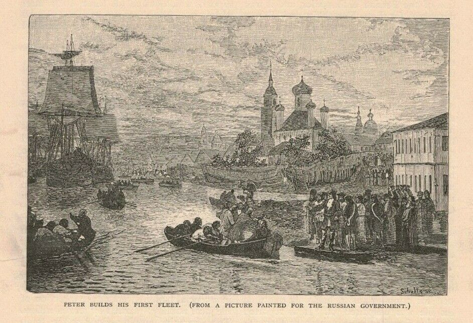 1880 Victorian Engraving Ships of Peter The Greats 1st Fleet 2v1-74 ...