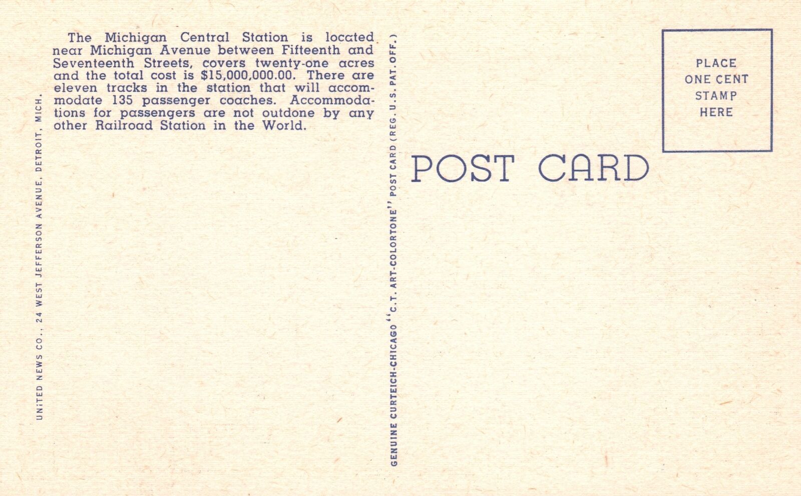 Vintage Postcard Central Station Building Detroit Michigan MI United ...