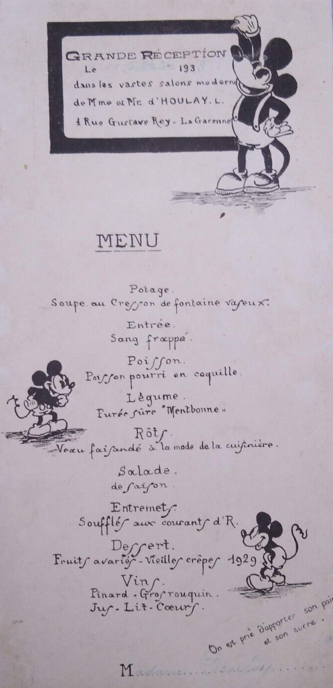 1930s Disney Mickey Mouse Grande Reception Houlay French White Menu ...