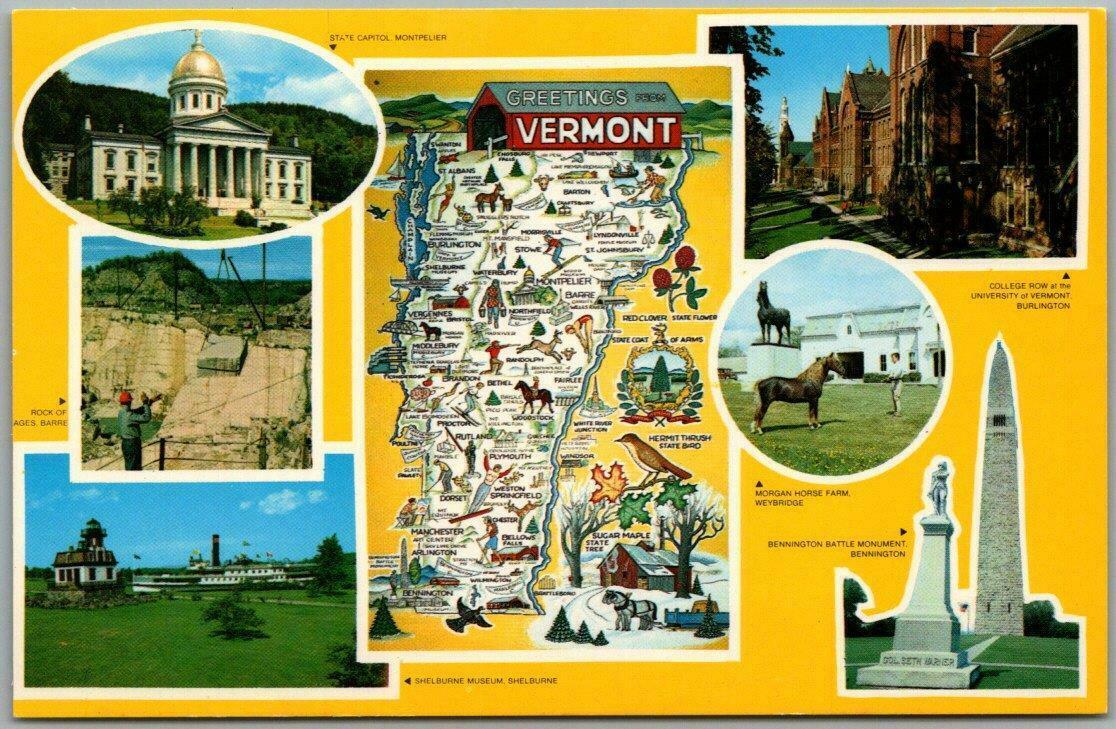 Vintage VERMONT State Map / Multi-View Postcard w/ State Capitol ...