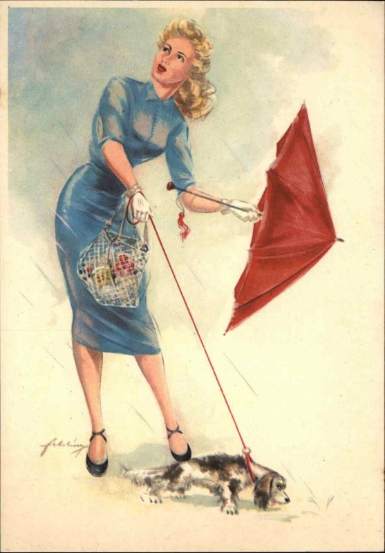 Sexy Woman Pinup Artist Felding? c1950s Postcard WALKING DOG | Topics ...