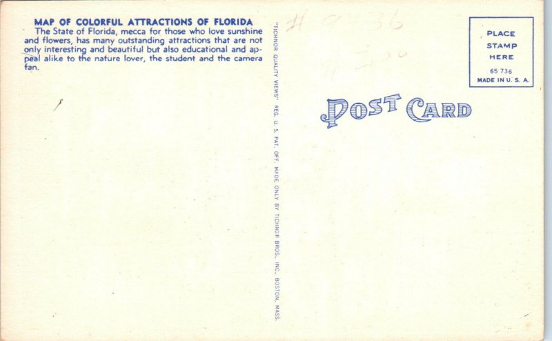 1940s Florida Tourist Map Colorful Attractions Miami FL Postcard ...