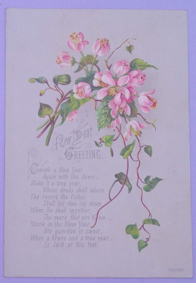 1880s Pink Flowers Poem Verse Victorian New Year Greeting Trade Card ...
