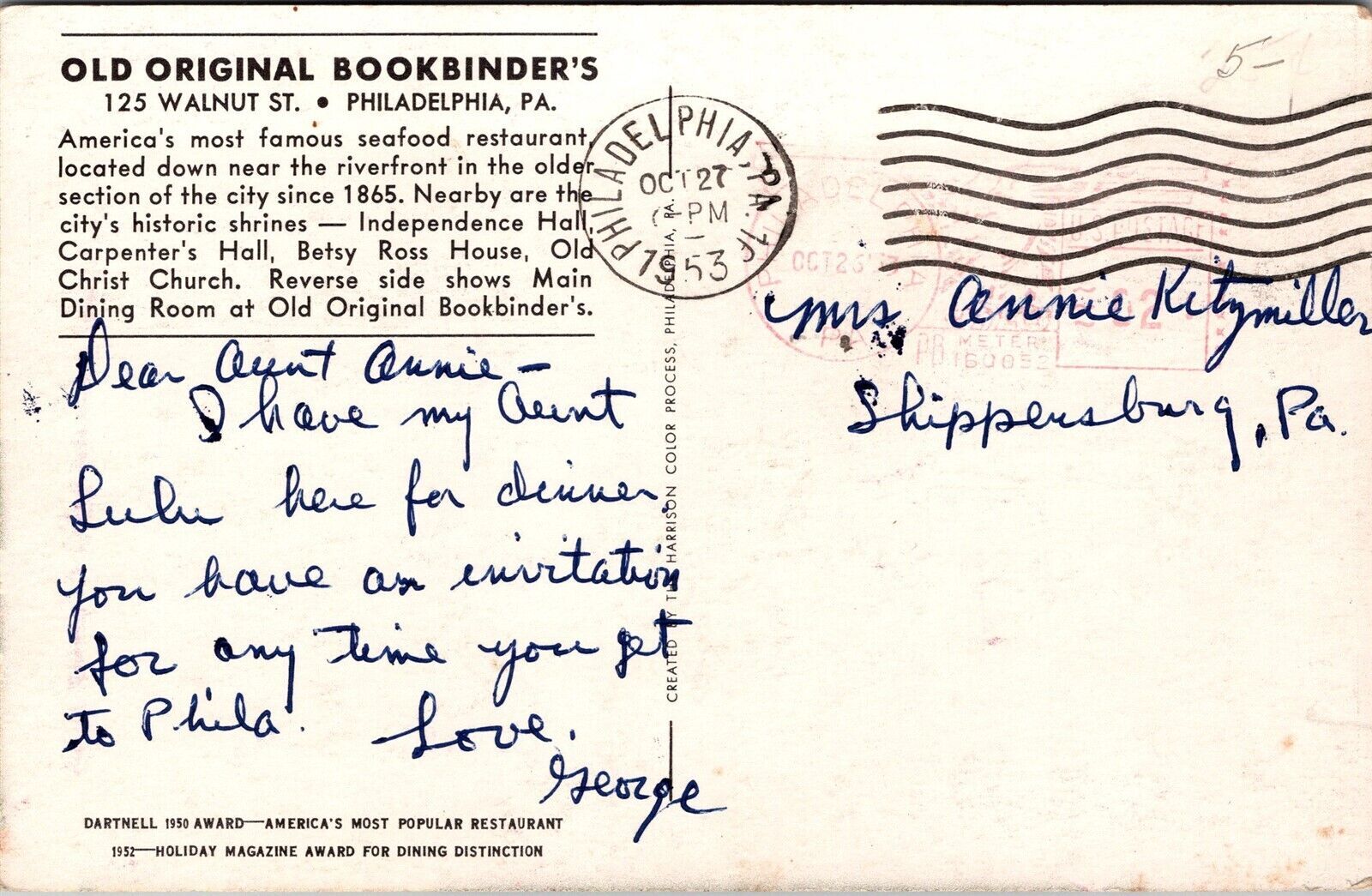 Philadelphia PA Old Original Bookbinders Restaurant Dining Room 1950s ...