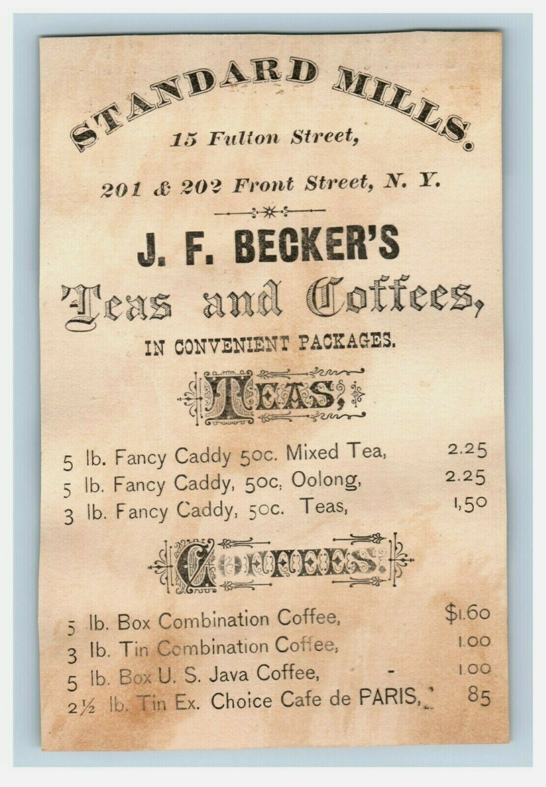 1880s Standard Mills J.F. Becker Teas & Coffees With Prices P226 ...