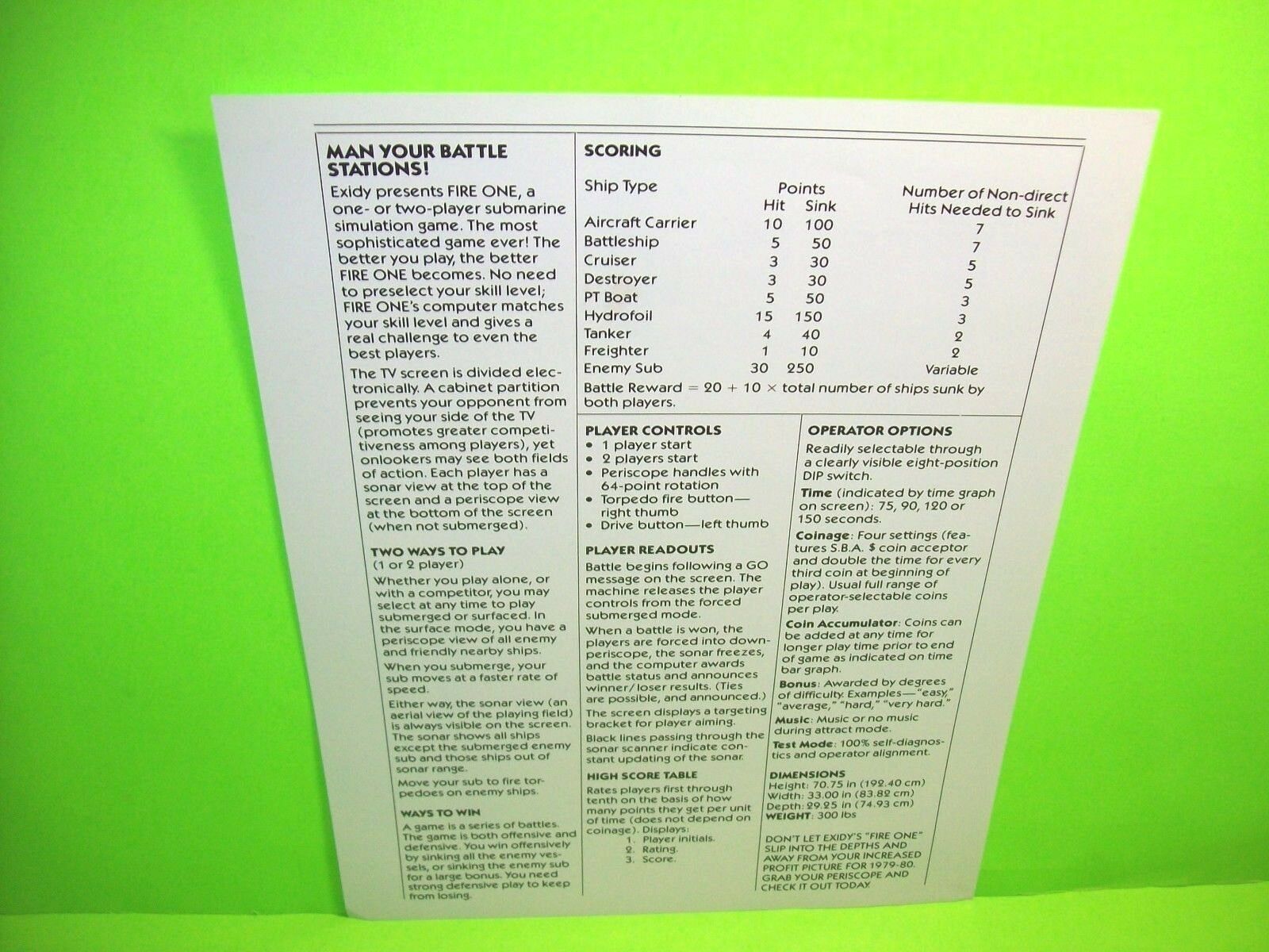 Exidy FIRE ONE Original 1979 NOS Video Arcade Game Flyer Submarines (2 ...