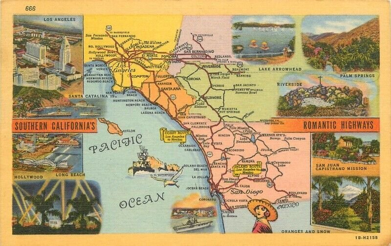 1940s California Map Attraction Multi View Western Teich #666 Postcard ...