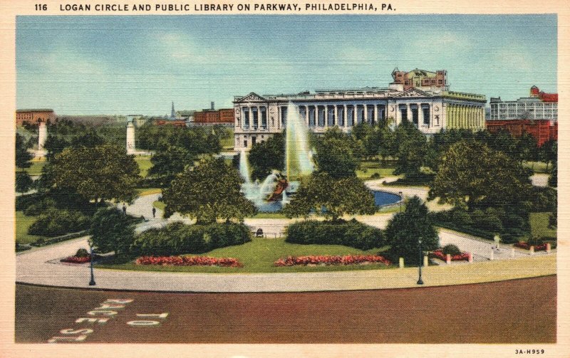Vintage Postcard 1920's Logan Circle & Public Library Parkway ...