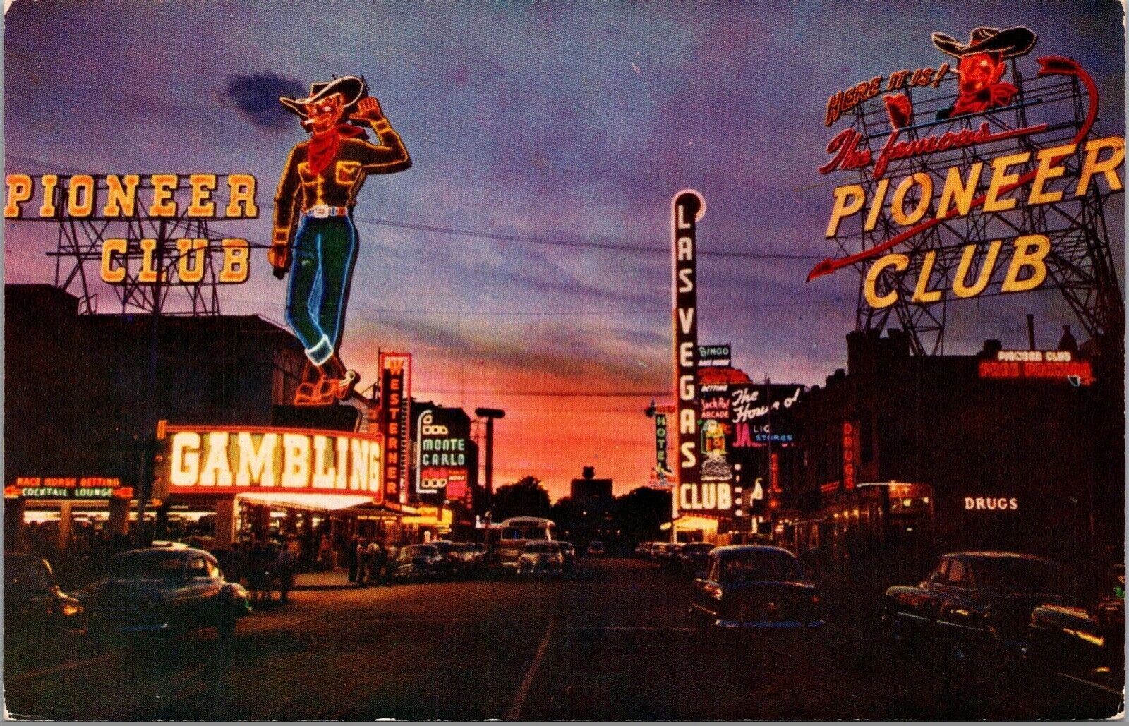 Postcard Neon Howdy Podner Pioneer Club Street Scene in Las Vegas ...