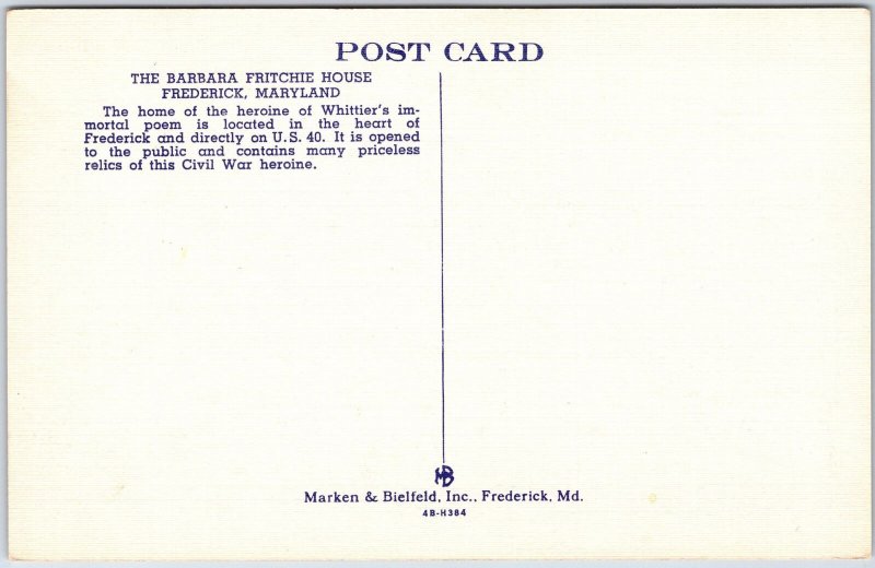 Vintage Postcard Barbara Fritchie House at Frederick Maryland C. 1930s ...
