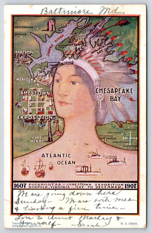 Norfolk VA Jamestown Exposition Fantasy Face Map~Pocahontas~Headdress ...