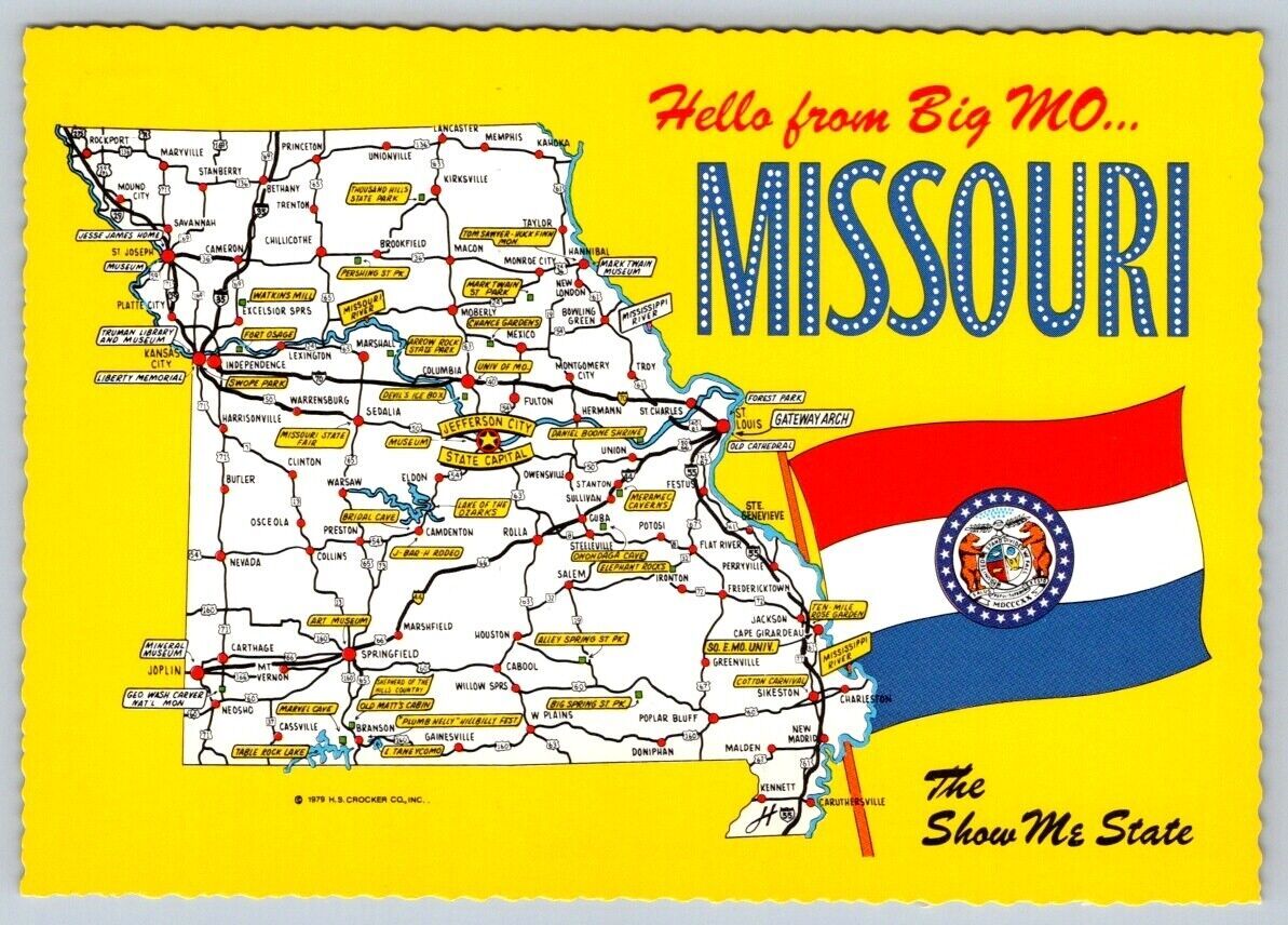 Hello From Big MO Missouri Map Showing Points Of Interest & Routes 1979 ...