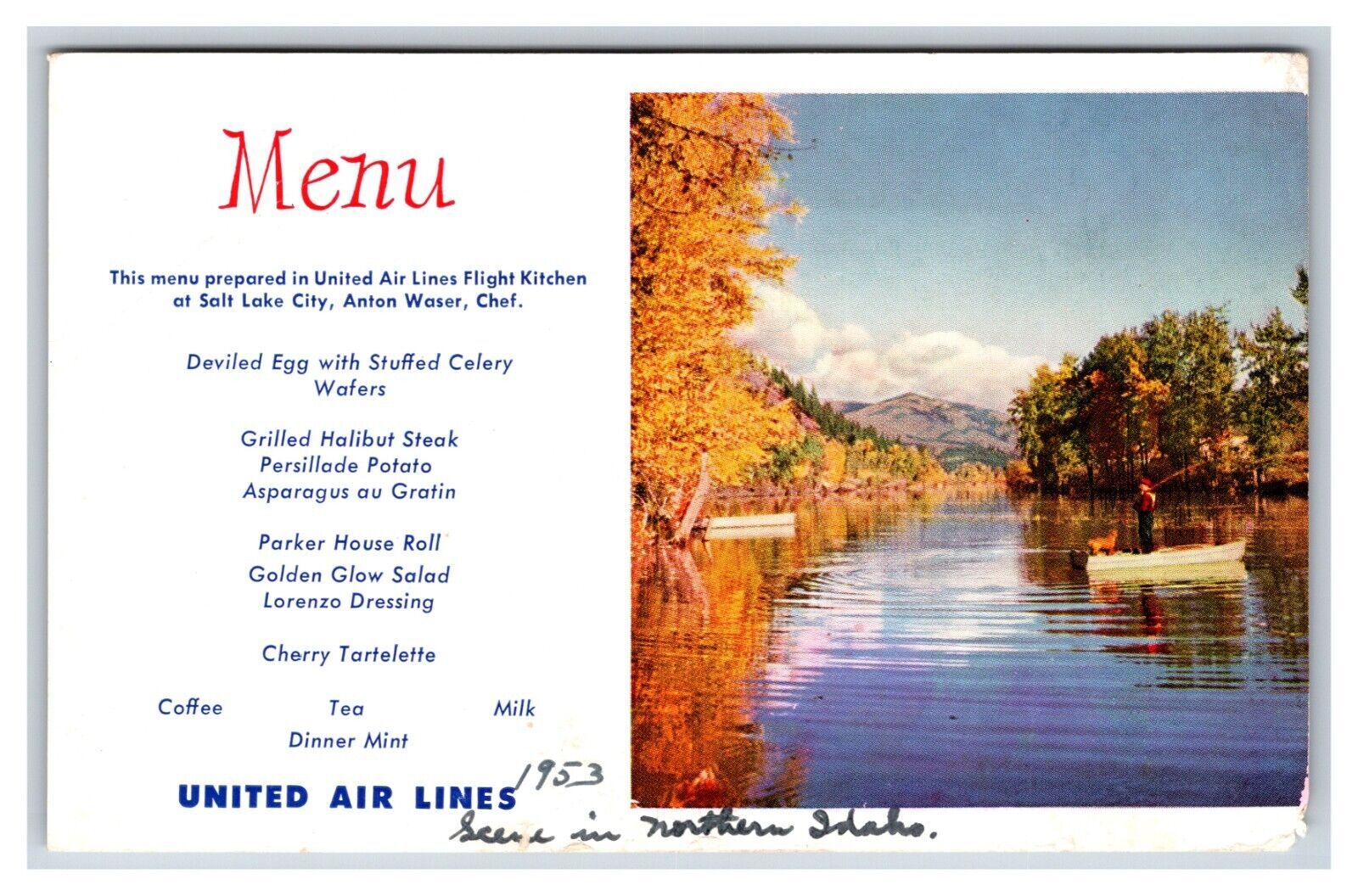 United Airlines Issued In Flight Menu Lake Fishing UNP Chrome Postcard ...