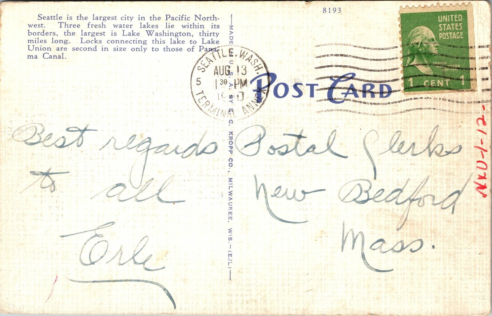 Vintage Postcard George Washington Memorial Bridge Seattle Washington ...