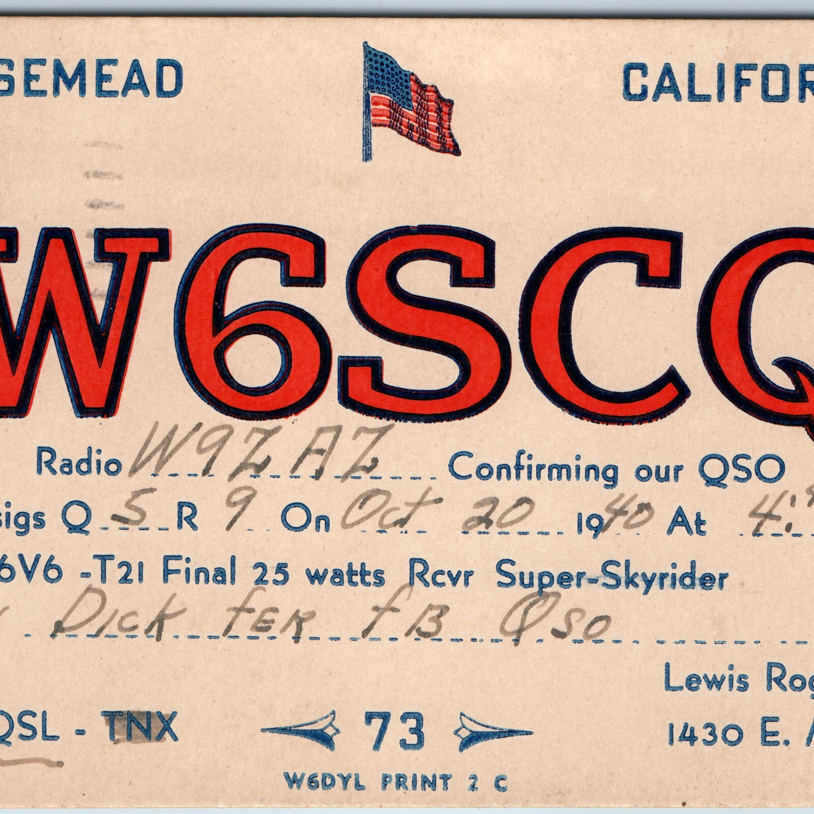 1973 Rosemead, CA W6SCQ QSL Ham Radio Card Lewis Rogerson VFO Super ...