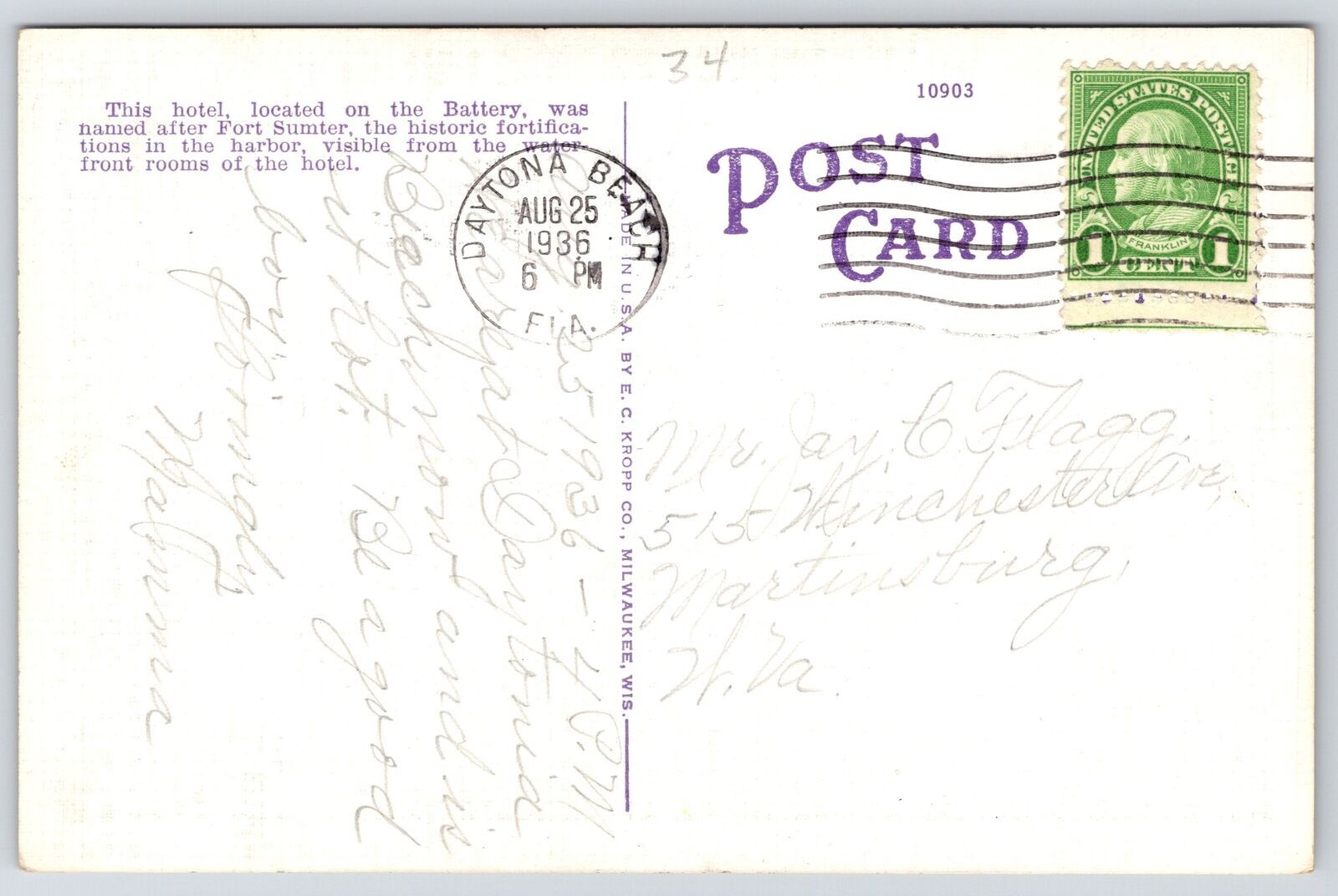 Vintage Postcard 1936 Fort Sumter Hotel Building Field Charleston South ...