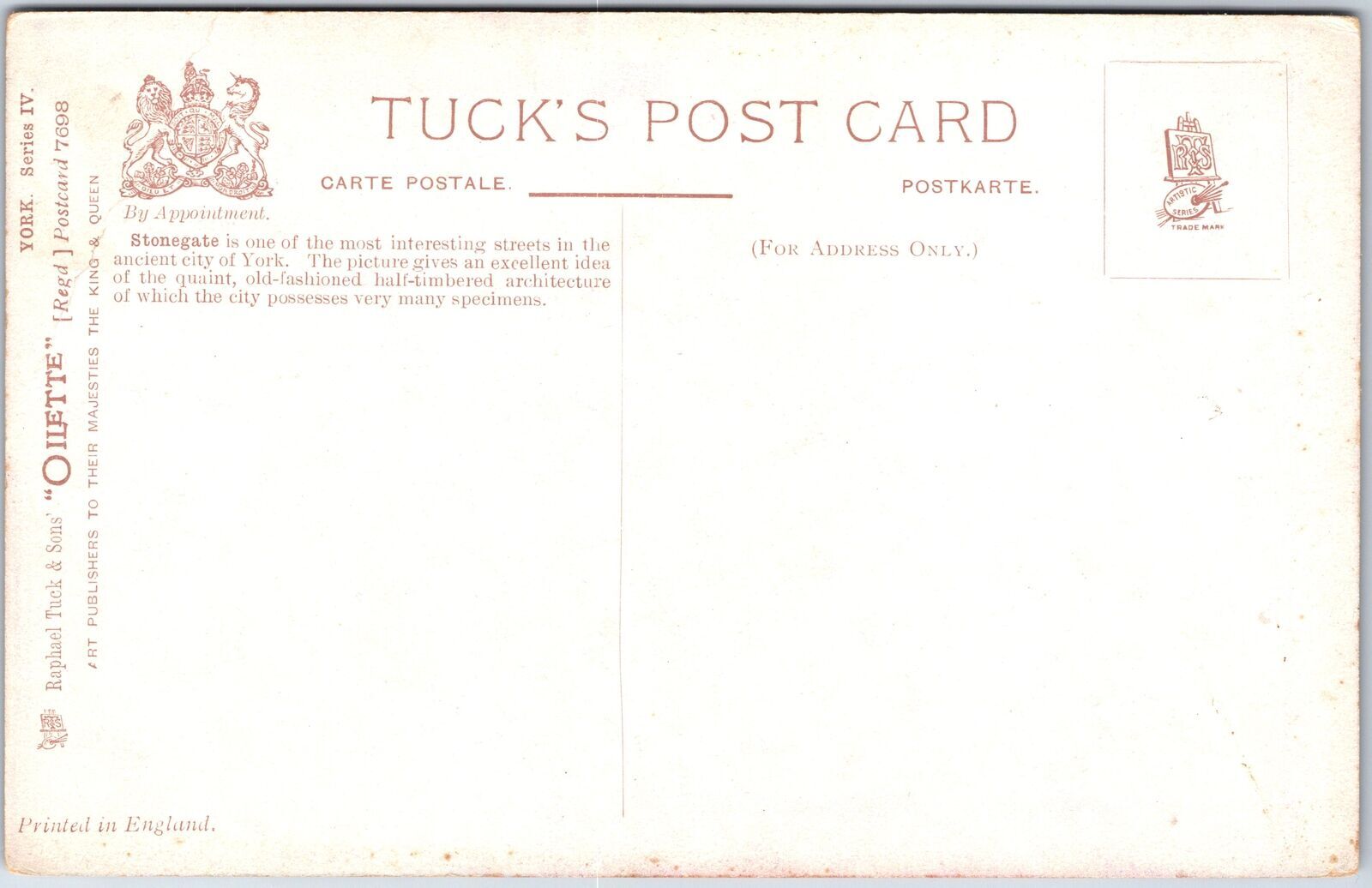 Vintage Postcard Raphael Tuck "Oilette" Street Scene Stonegate York (Uk ...