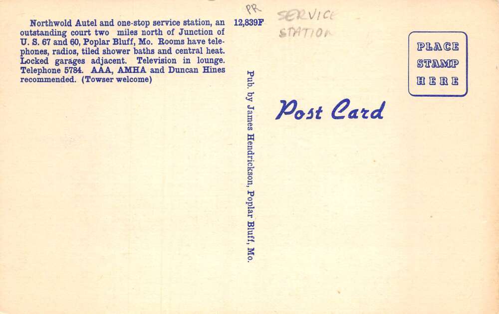 Poplar Bluff Missouri Northwold Autel Service Station Vintage Postcard ...