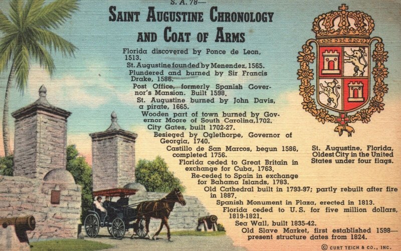 Vintage Postcard 1950's St. Augustine Chronology And Coat Of Arms ...