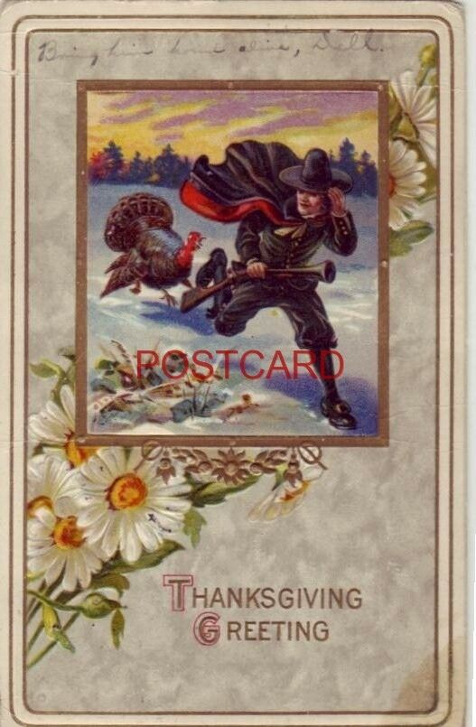 1911 Embossed Pilgrim Hunter Chased by Turkey - Thanksgiving Greeting ...