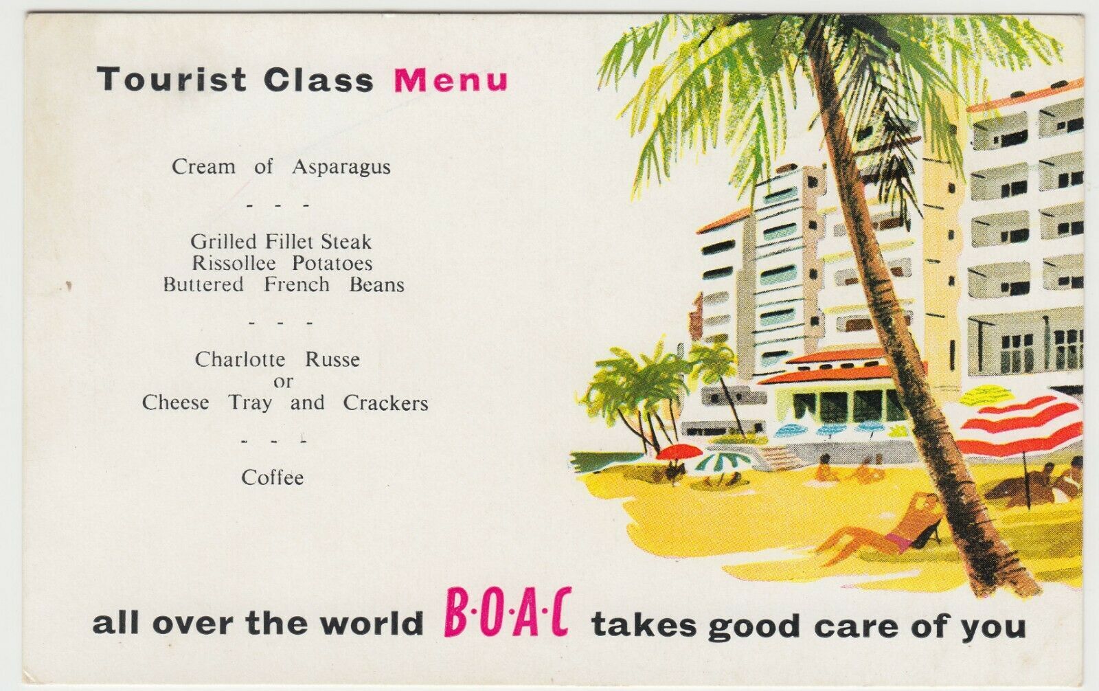 Aviation; BOAC Tourist Class Menu Promotional PPC, Unposted, c 1960's ...