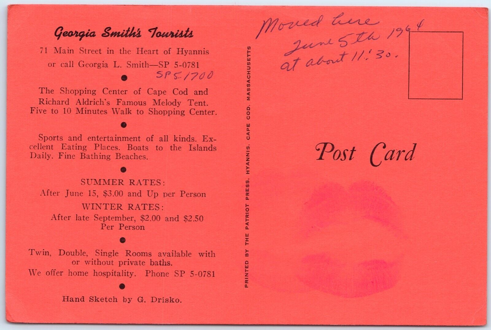 c1960s Hyannis Cape Cod MA George Smith Tourists Shop Ad Sketch Lg. PC ...