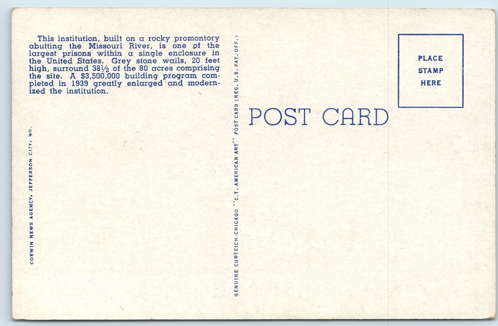 1939 Jefferson City Mo Penitentiary Jail Prison Entrance Promontory