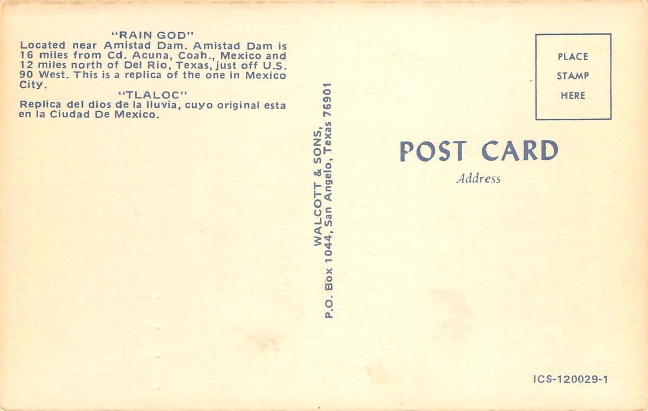 RAIN GOD Amistad Dam TLALOC Cd. Acuna, Del Rio, Texas c1960s Vintage ...