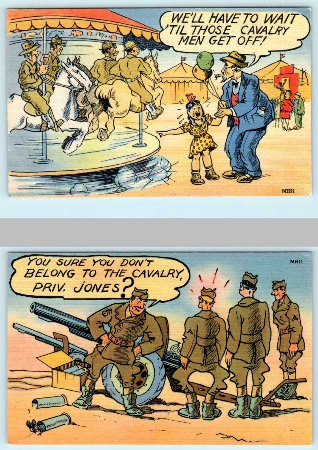 MILITARY COMIC ~ WWII Era CAVALRY MERRY GO ROUND c1940s Linen Postcard ...