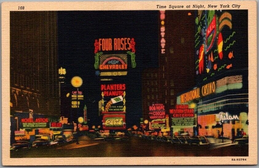 1938 New York City LINEN Postcard "TIMES SQUARE AT NIGHT" Neon Signs ...