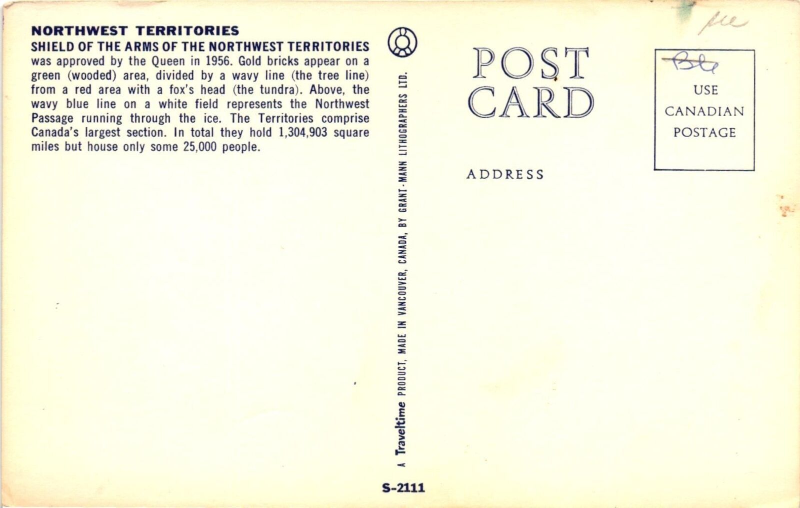 Vintage Postcard- Shield of the Arms of the Northwest Territories 1960s ...