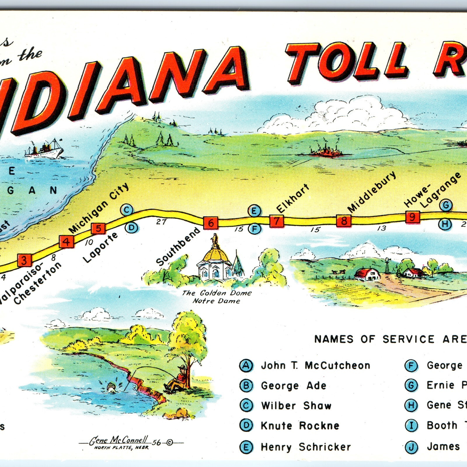 c1960s Indiana Toll Road Highway Road Art PC Map by Gene McConnell ...
