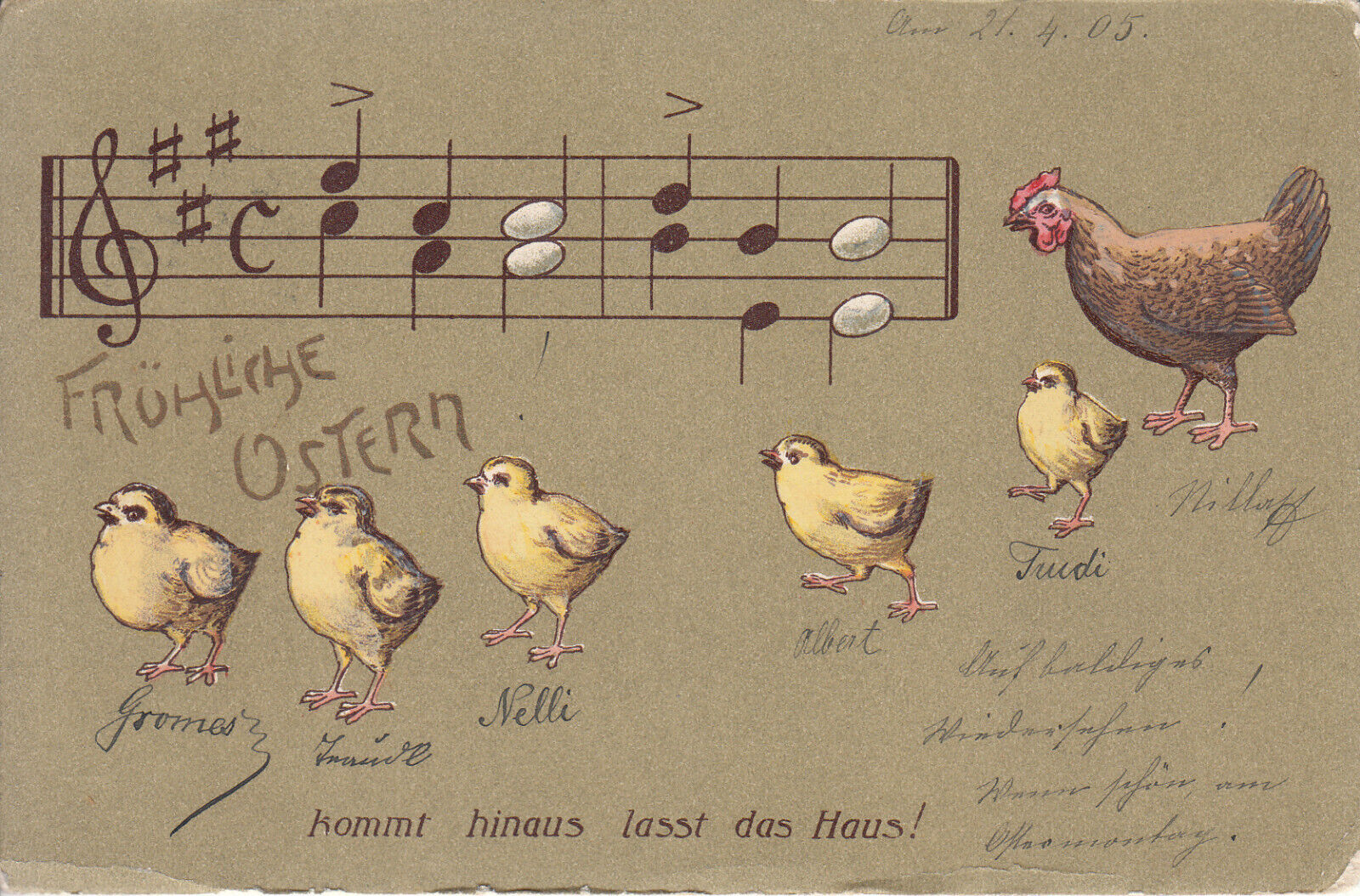 Easter eggs musical notes comic drawn poultry hen and chickens ...