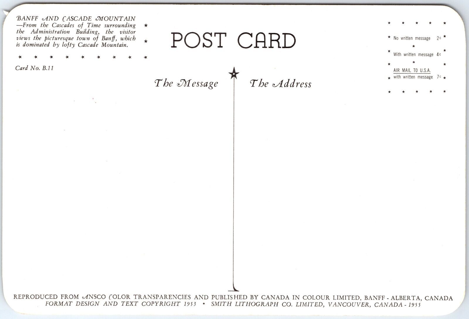 Vintage Continental Sized Postcard Banff and Cascade Mountain Alberta ...