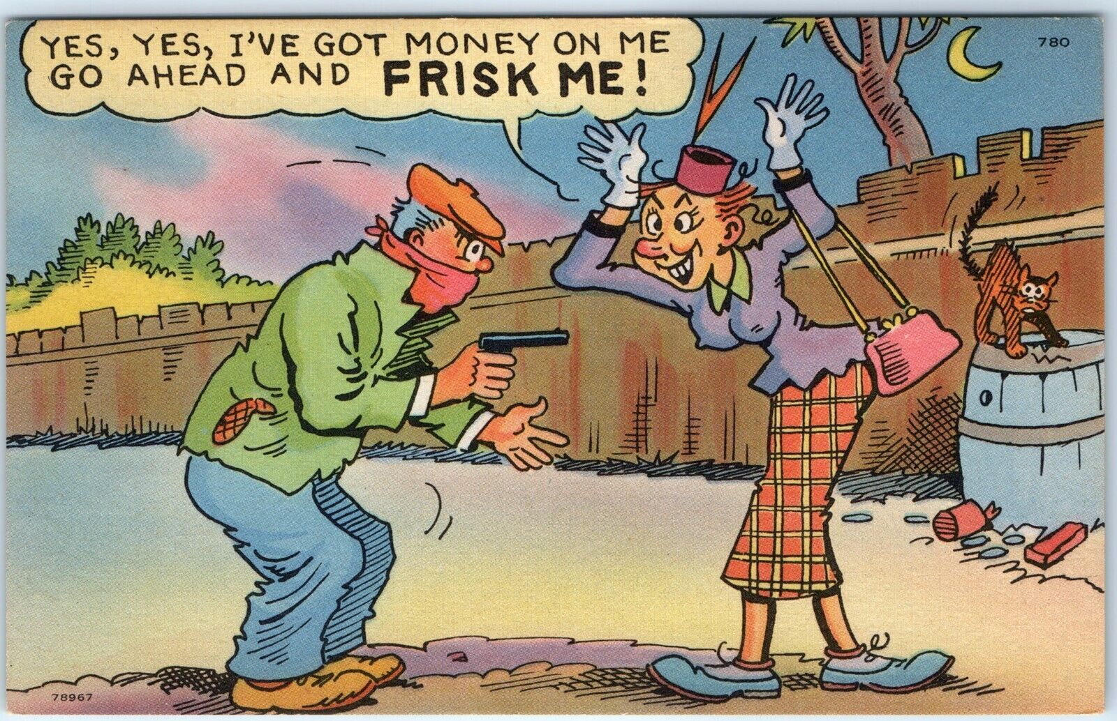 c1940s Comic Crazy Lady "Frisk me" Suggestive Linen PC Scary Cat Robber ...