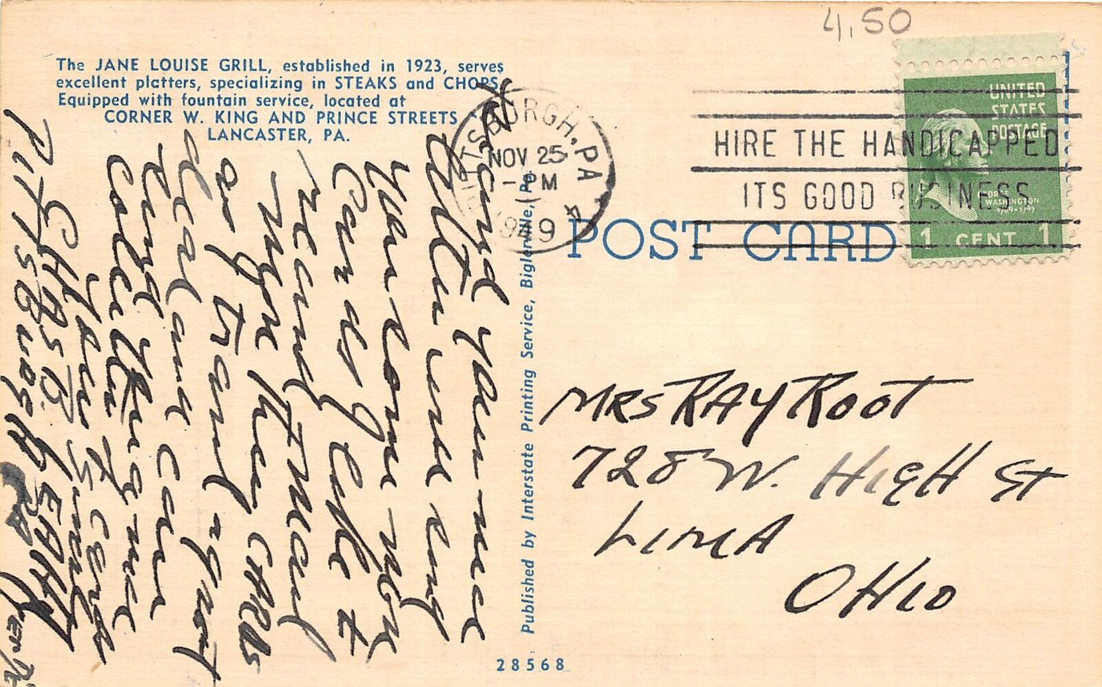 G88/ Lancaster Pennsylvania Postcard 1949 Interior Jane Louise Grill ...