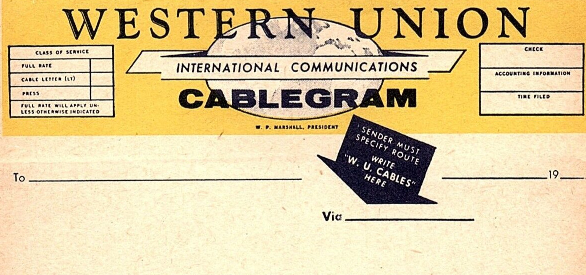 1950s Western Union Cablegram International Communications Note ...