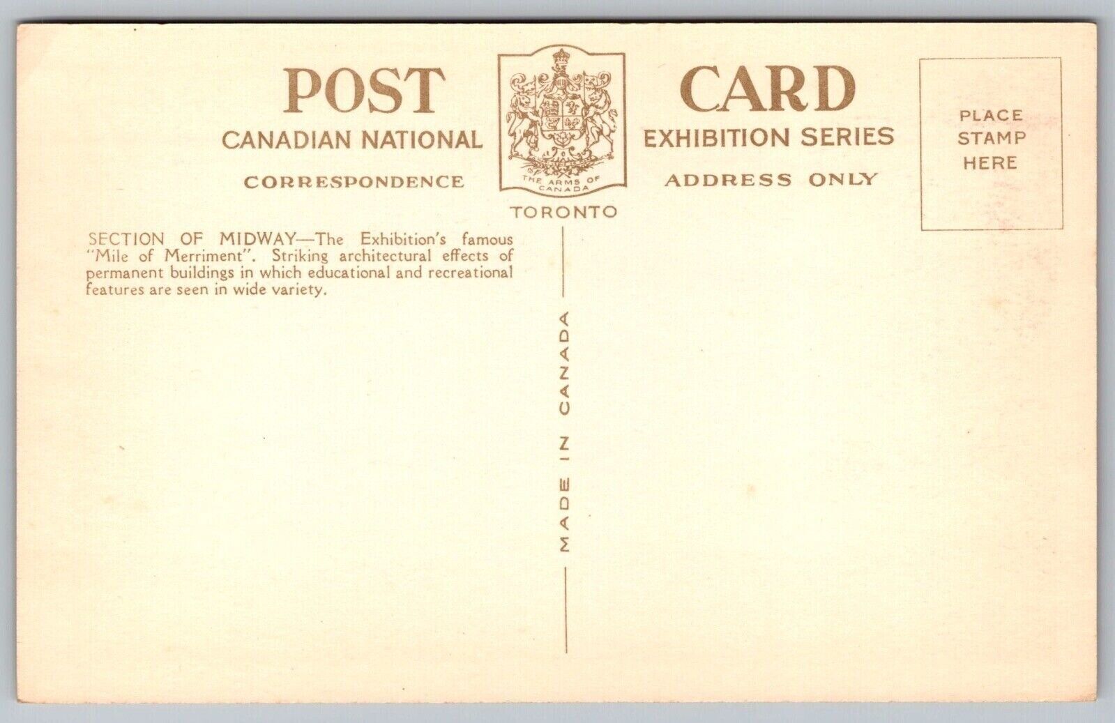 Toronto Canada National Exhibiton Midway Section Downtown WB UNP ...