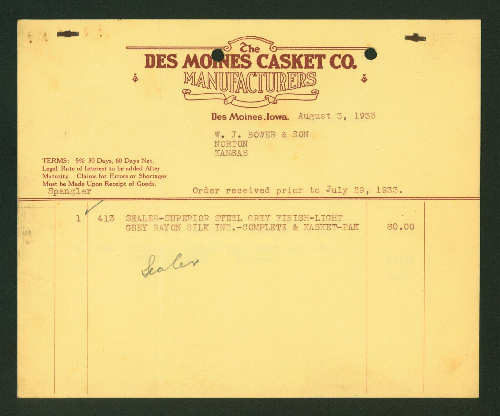 The Des Moines Casket Company Des Moines Iowa Vtg. August 3, 1933 ...