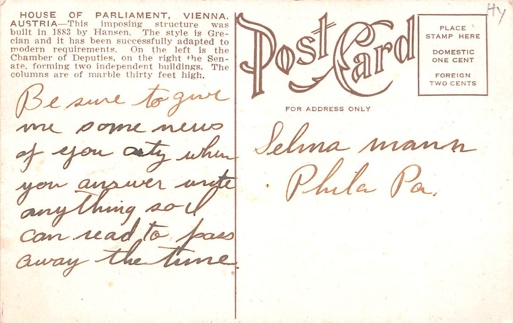 House of Parliament Vienna Austria Writing on back | Europe - Austria ...