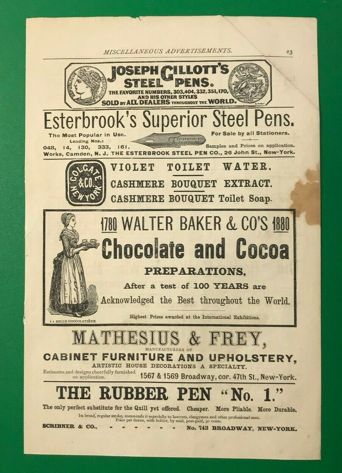 1880 Colgate Co. Steel Pens Chocolate Cocoa Victorian Original Print ...