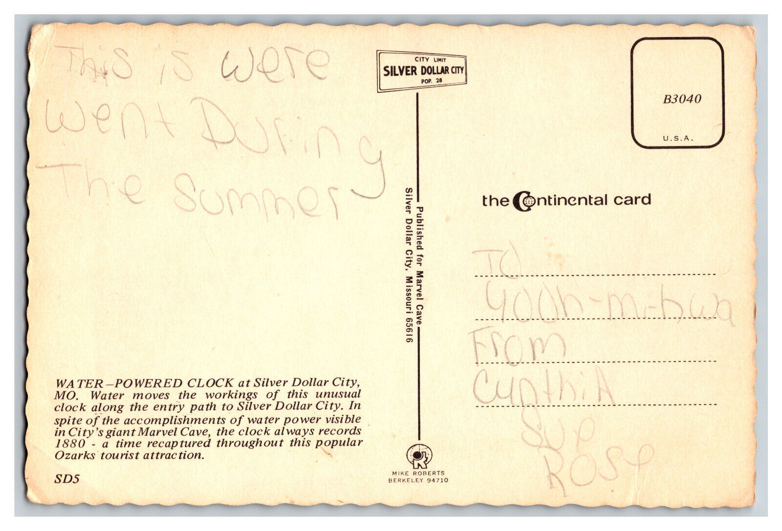 Postcard MO Water Powered Clock Silver Dollar City Ozarks Continental ...