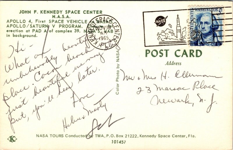 John F Kennedy Space Center NASA Apollo 4 Postcard PM Clean Cancel WOB ...