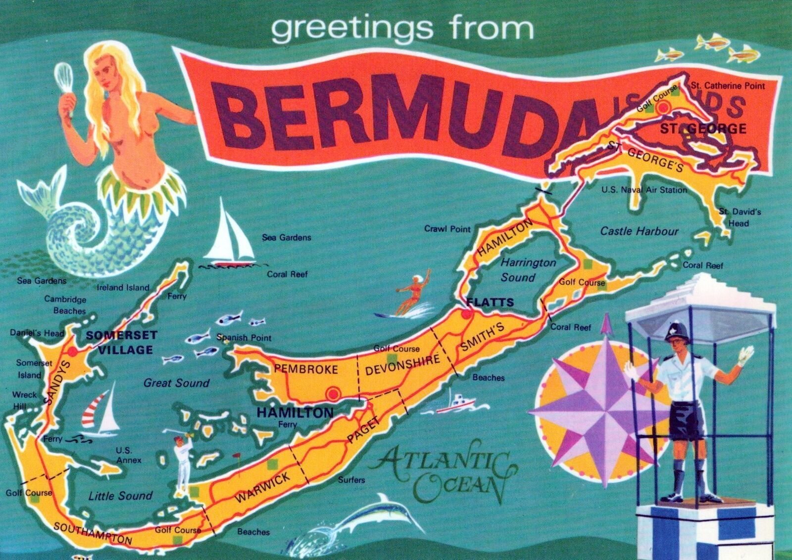 Vintage Postcard Continental Size Animated MAP Bermuda Beautiful Ships ...