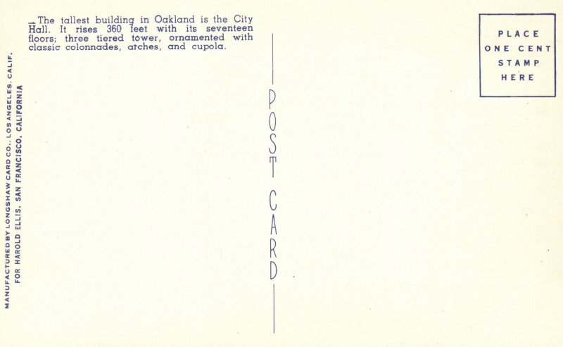 Vintage Postcard 1920's Tallest Building City Hall State Oakland ...