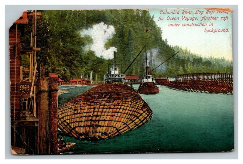 Vintage 1909 Postcard Columbia River Log Raft Under Construction Ocean ...