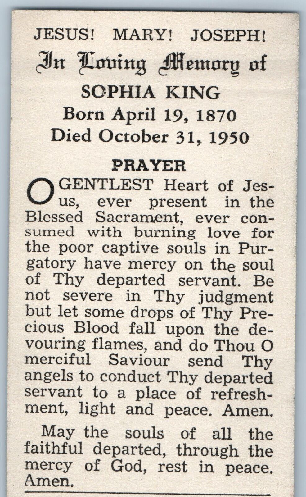 1870-1950 "Sophia King" Funeral Prayer Mary Trade Card Holy Jesus Edgar ...
