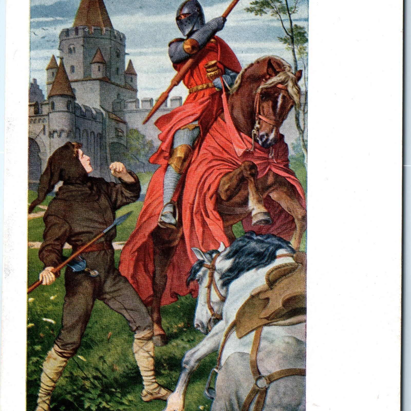 c1900s Parzival Medieval Knight Red Armor Horse Castle Lance King ...