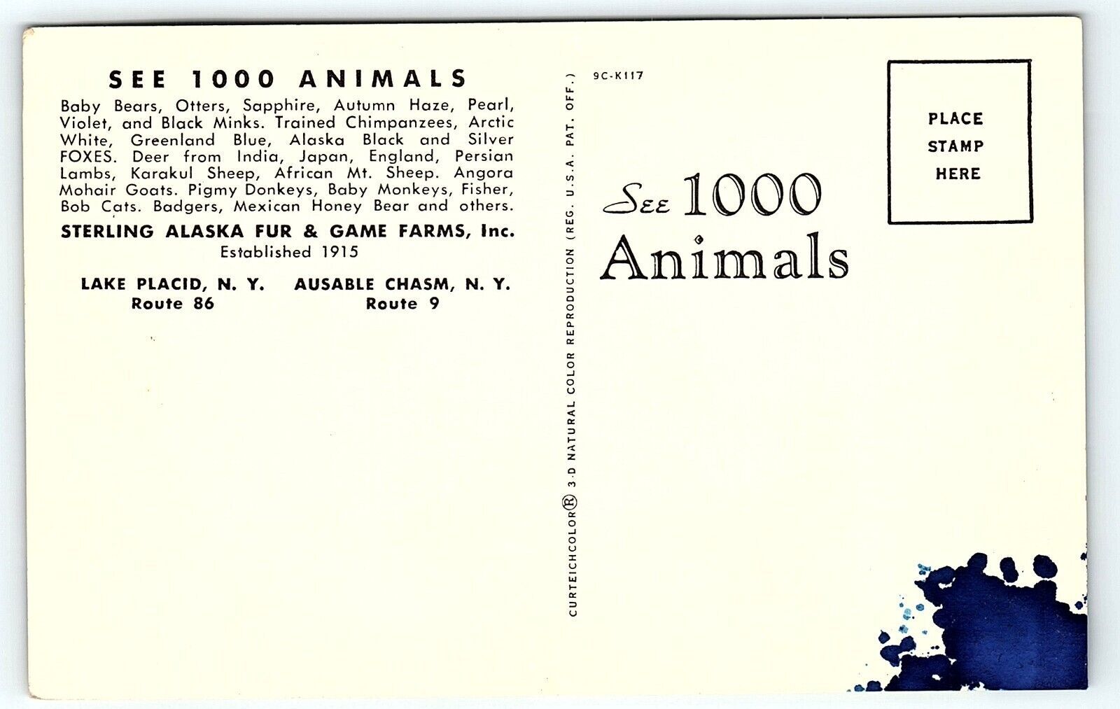 1950s Ausable Chasm Farm Lake Placid NY SEE 1000 Animals = Postcard ...
